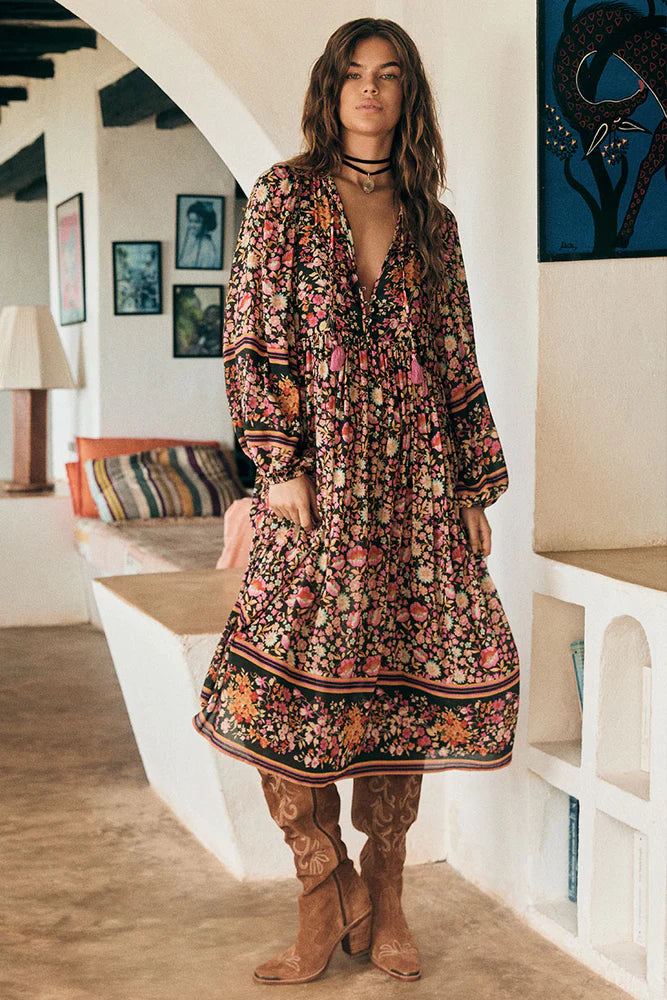 Impala Lily Boho Midi Dress - Night Blossom | Spell – Belle's Boutique ...